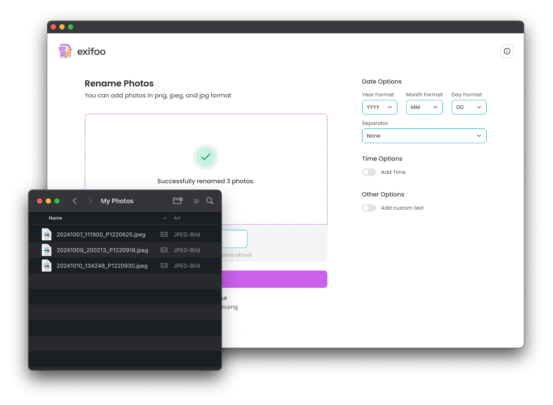 exifoo - Rename photos and videos based on capture date and time from EXIF data